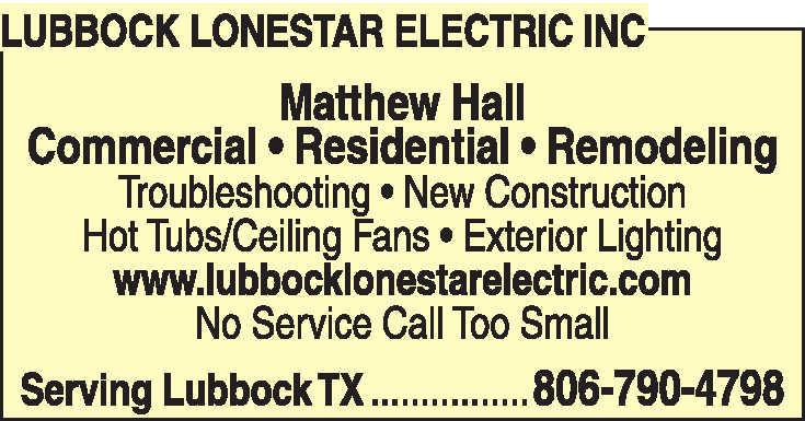 Lubbock Lonestar Electric Inc - Lubbock, TX | Names and Numbers